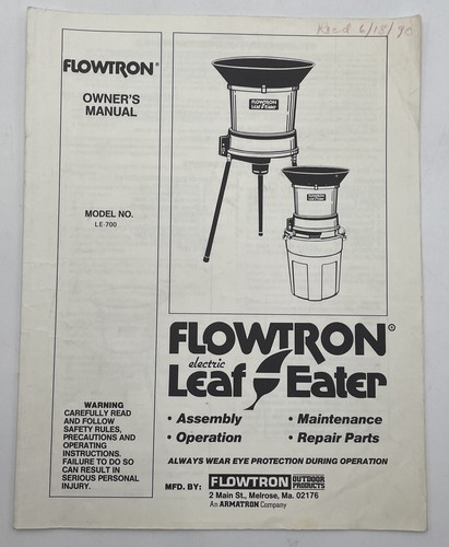 Flowtron Electric Leaf Eater Owners Instruction Manual LE-700 Parts ...