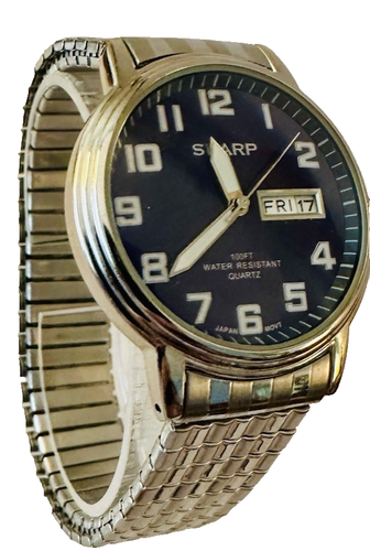 Sharp Quartz Watch Men 37mm Black Dial Steel Band Day Date New Battery ...