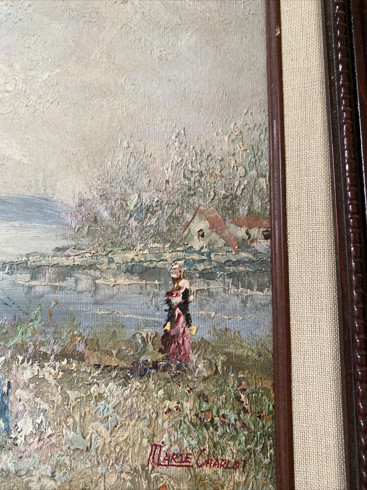 Signed Marie Charlot Original Oil Painting Woman and Children By Lake 8 ...
