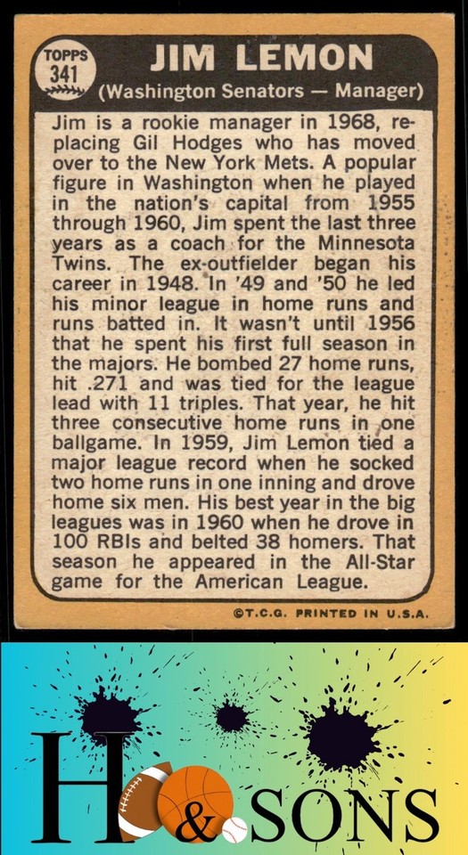 1968 Topps #341 Jim Lemon | eBay