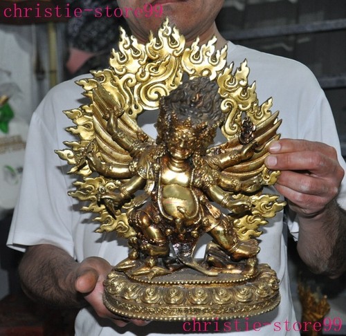 12" Tibet temple bronze gilt 3 heads 6 arms Wrathful Deity Dharmapala ...