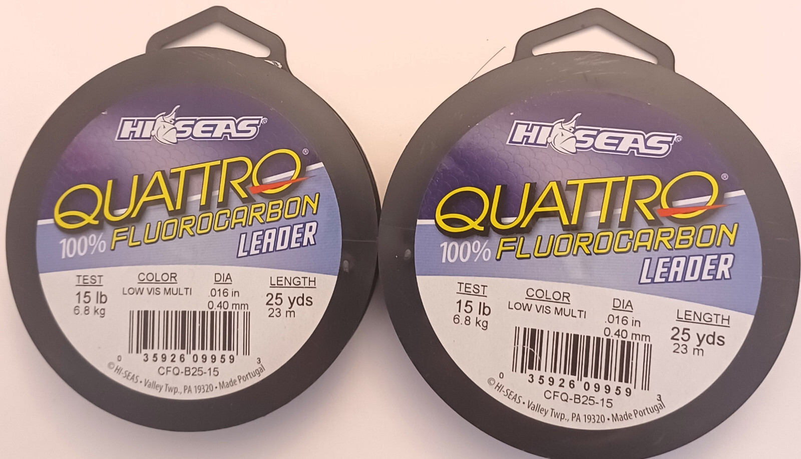 Two 25 Yard Spools Hi-Seas Quatrro 100% Fluorocarbon Fishing Leader 15 ...