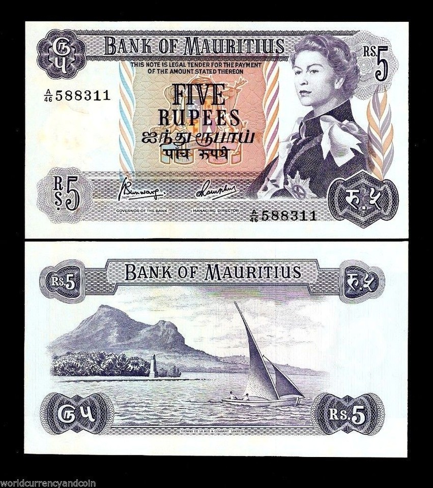 MAURITIUS 5 RUPEES P30 1967 YOUNG QUEEN Elizabeth QE II BOAT BIRD UNC ...