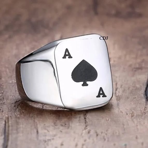 Fancy Gift For Him Solid Metal Enamel Ace of Spade Ring White Gold ...