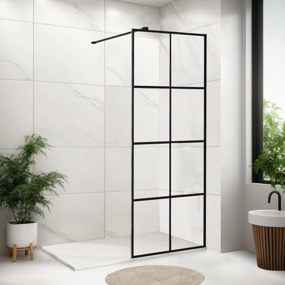 Black Grid Shower Screen Walk In Shower Enclosure 8mm Glass Panel ...