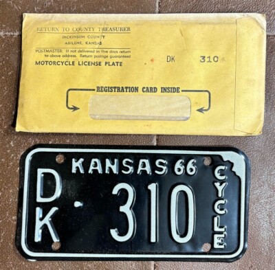Kansas 1966 DICKINSON COUNTY MOTORCYCLE License Plate & ENVELOPE # DK ...