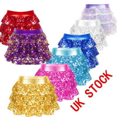 UK Girls Sparkle Dance Skirt Shiny Tiered Ruffle Mini Skorts Jazz Hip ...