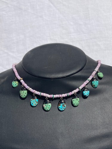 Turquoise ladybug necklace native handmade sterling silver cones hook ...