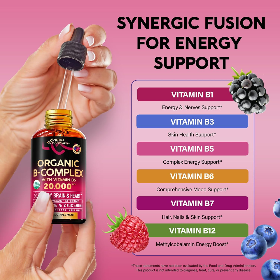 Organic B-Complex Liquid Drops - Vitamin B5, B12, B1, B6, B7, B9, B3 ...