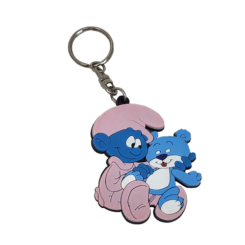 VINTAGE 1995 PEYO SMURFS KEYCHAIN BABY SMURF W/ BLUE TEDDY BEAR RUBBER ...