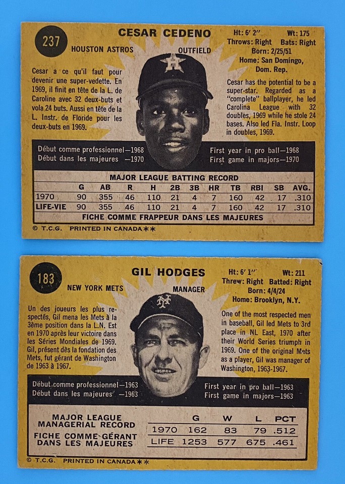 1971 TOPPS BASEBALL O-PEE-CHEE LOT OF TWO WITH #183 GIL HODGES #237 ...