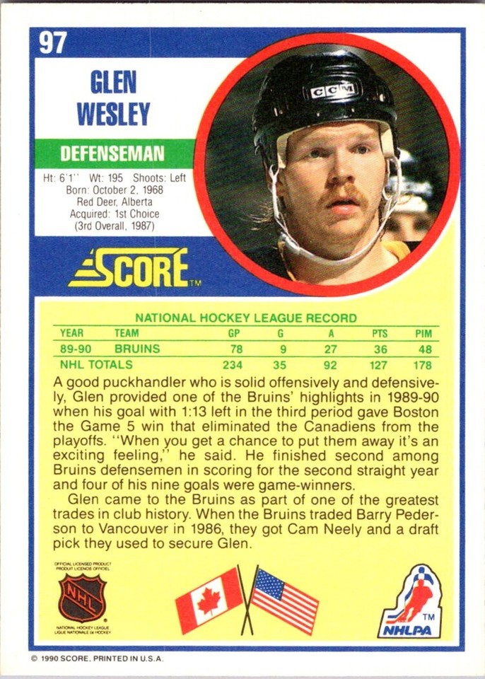 #97 Glen Wesley Boston Bruins 1990 Score | eBay