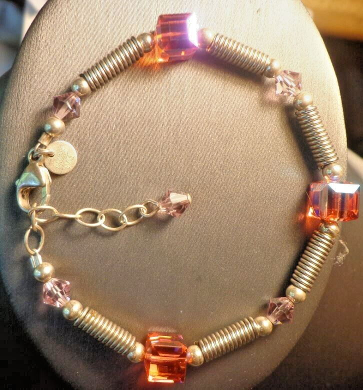 Emily Ray (Signed) 925 Silver Bar Bell &Swarovski Pink Crystal Cubes 8 ...