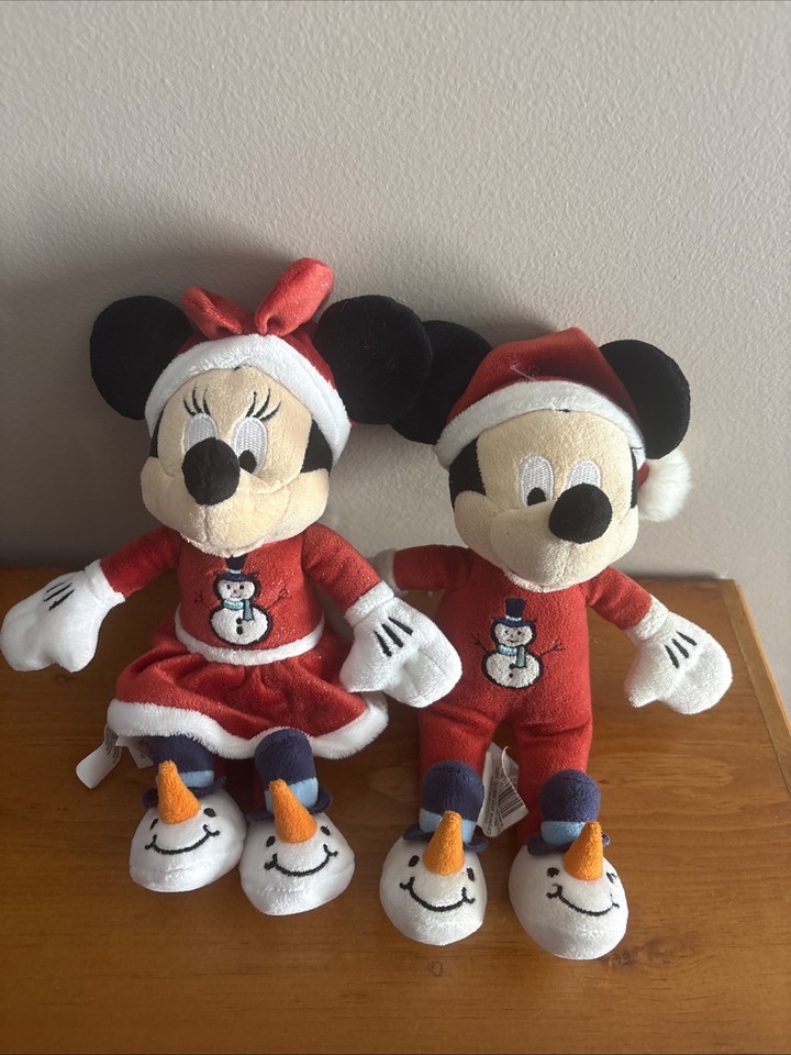 Disney Mickey & Minnie Mouse Set Holiday Christmas Plush Stuffy Snowman ...