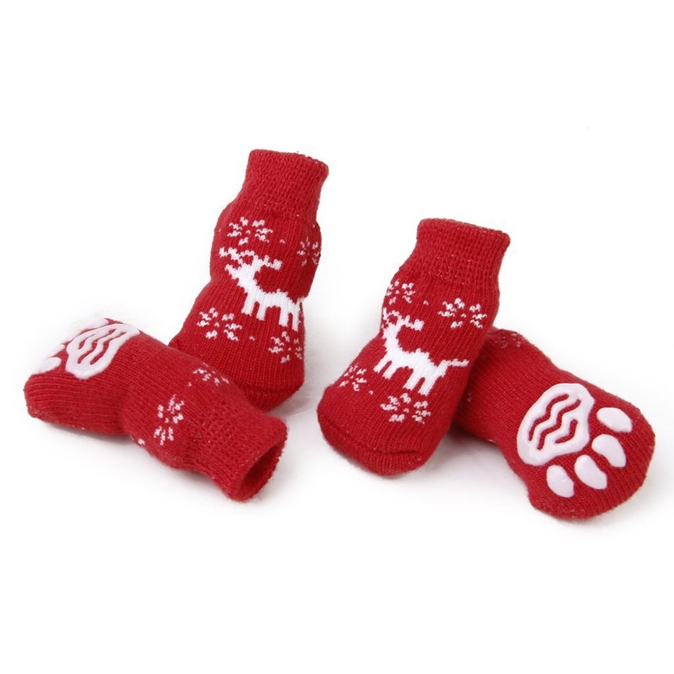 4pcs Christmas Reindeer Style Dog Puppy Cat Non-Slip Socks with - Size ...