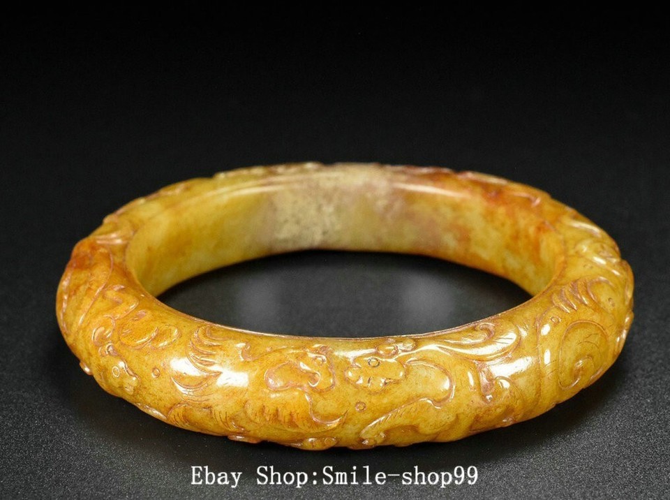 60mm Old Han Dynasty Natural Hetian Jade Carved Dragon Phoenix Bracelet ...