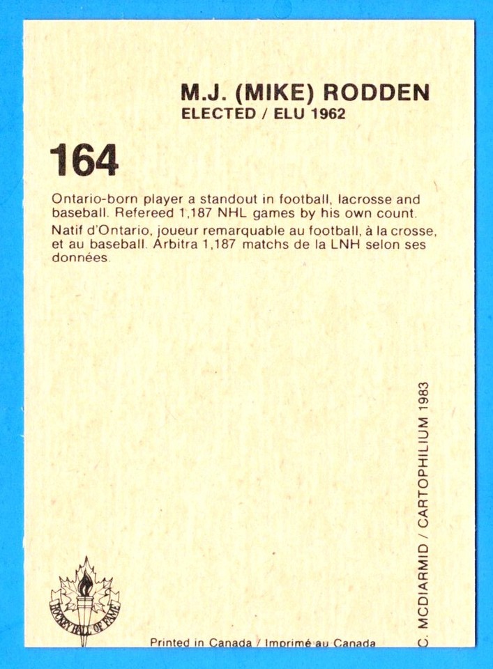 Mike Rodden 1985 Cartophilium Hockey Hall of Fame #164 (ex-mt) NHL ...