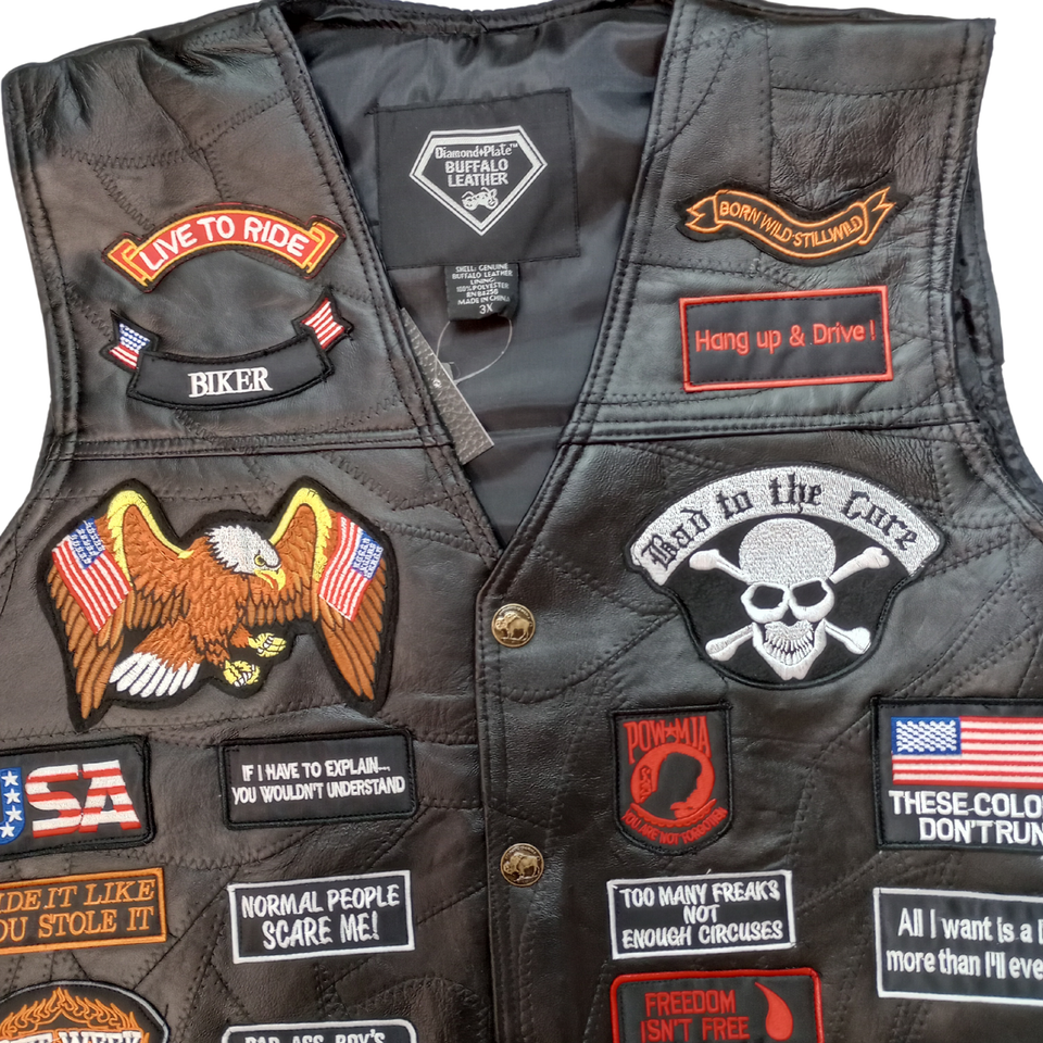 VEST LEATHER Biker Black Buffalo Motorcycle w/ 42 Patches US Flag Eagle ...