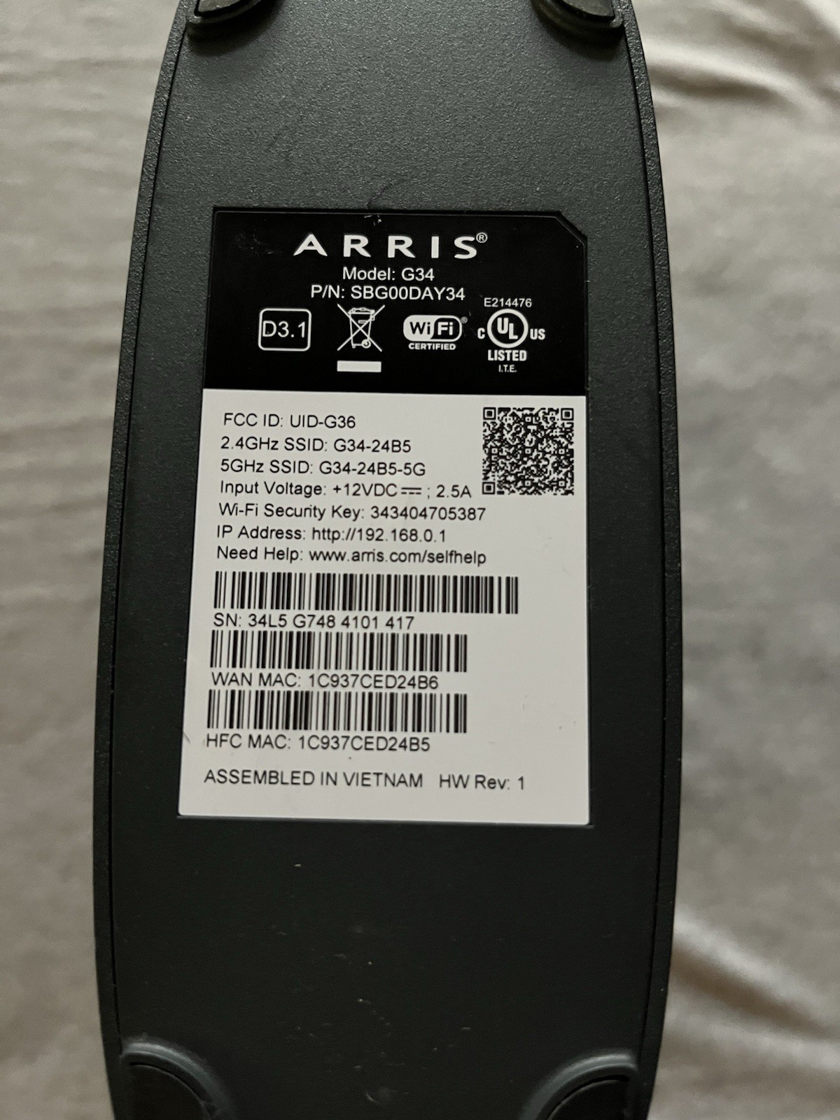 ARRIS CABLE MODEM ROUTER COMBO ~ G34 ~ Fast DOCSIS 3.1 Gigabit WiFi 6 ...