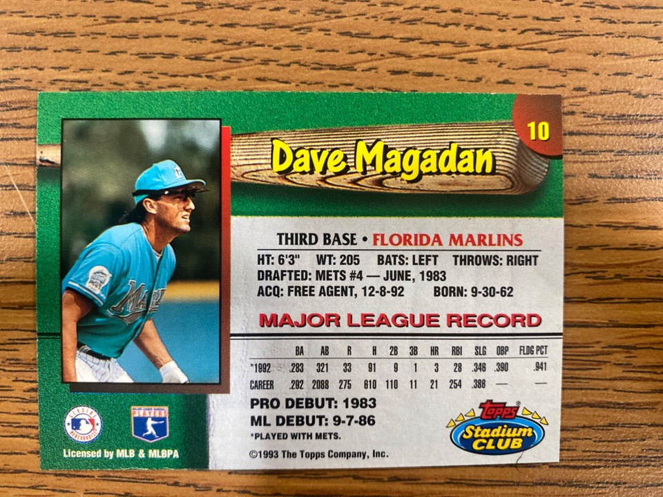 1993 Stadium Club Florida Marlins Dave Magadan #10 Florida Marlins ...