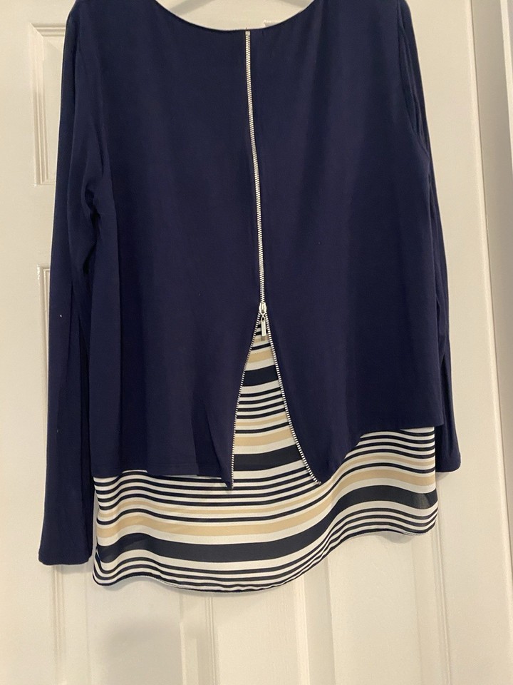 Wallis Blue Under Layer Stripe Top Blouse Zip Excellent Size 14 Long ...