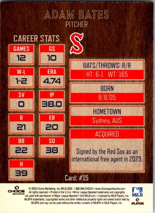Adam Bates 2025 Choice Salem Red Sox #15 Salem Red Sox | eBay