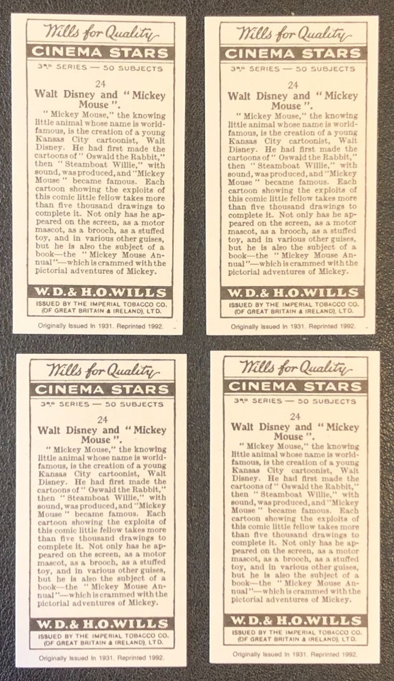 (4)x Walt Disney & Mickey Mouse 1931 Will's Cigarette Reprinted Trading ...