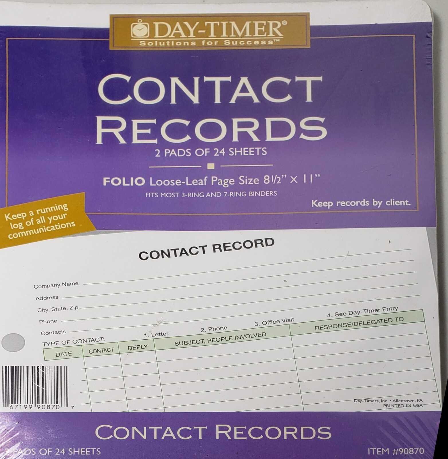 Day-Timer CONTACT RECORDS 8.5”x11” #90870 2 Pads Of 24 Sheets - New ...