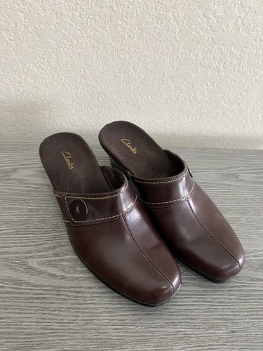 Clarks Women Brown Leather Button Accent Clogs Mules Slip On Slides 7.5 ...