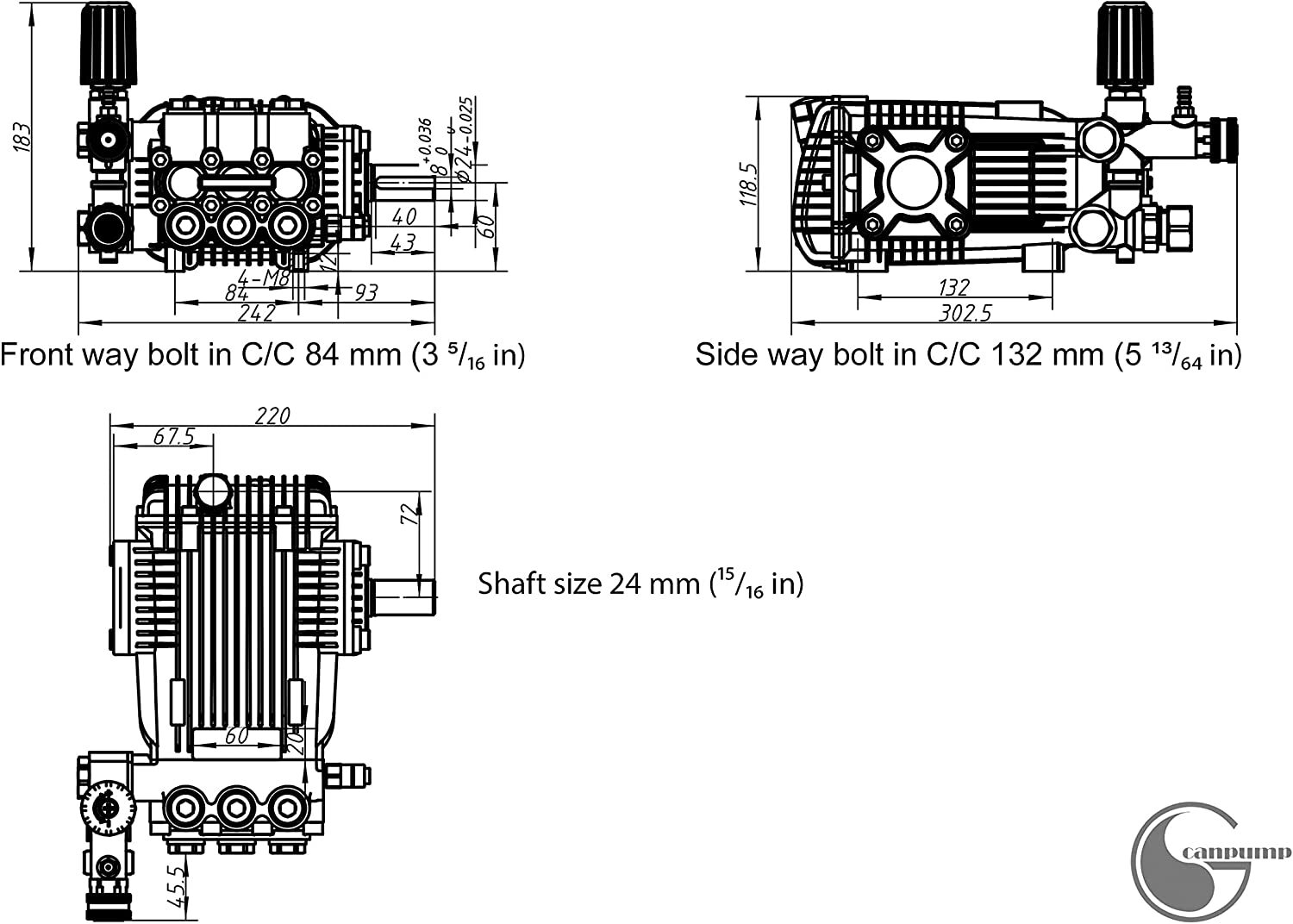 Pressure Power Washer triplex Pump 24mm Solid Shaft 250 bar 15.5 lpm ...