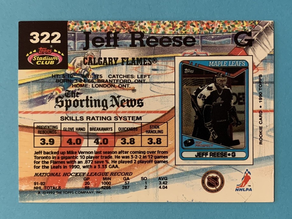 JEFF REESE Signed 1992-93 TSC #322 Calgary Flames Whalers Leafs ...