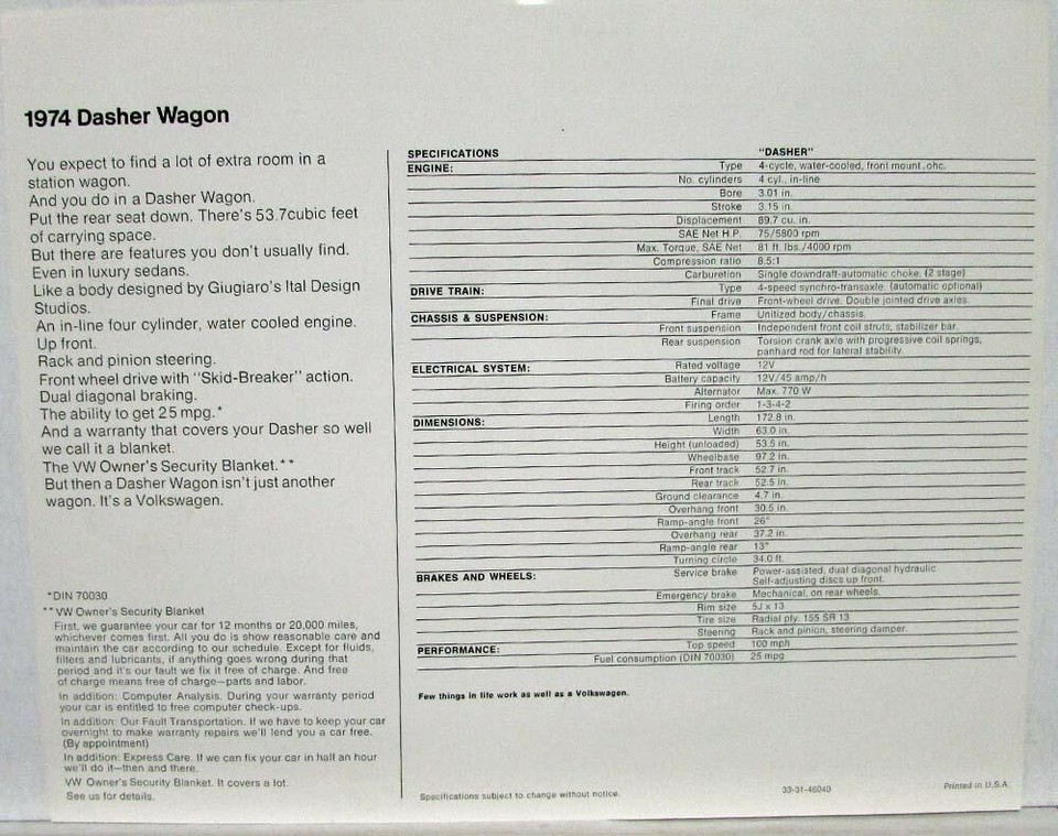 1974 VW Dasher Wagon Spec Sheet | eBay