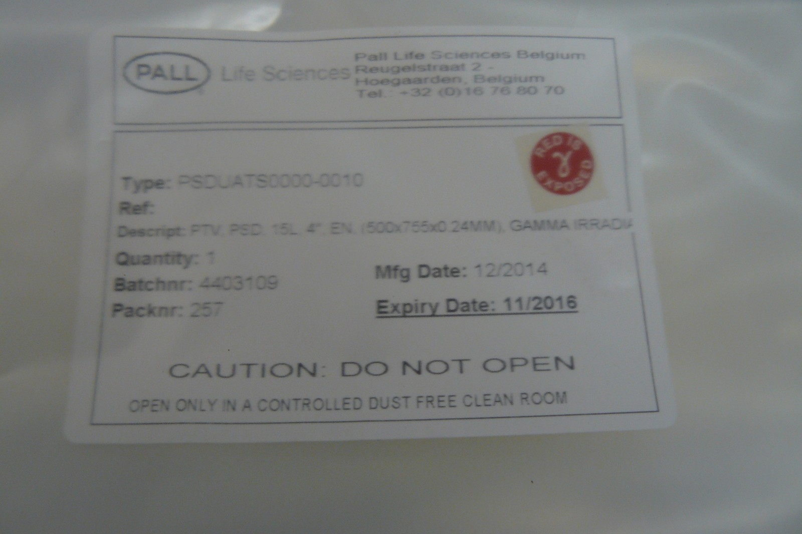 PALL PSDUATS0000-0010 PSD FILM POWDER BAGS 15 LITER 4" CLAMP PTV PSD ...