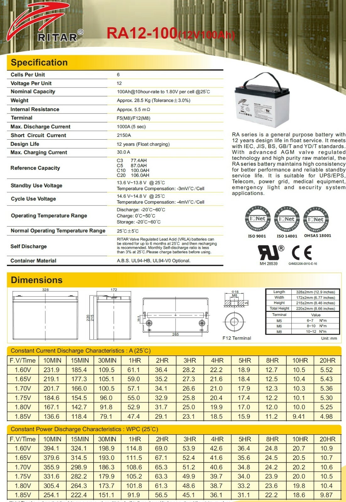 RITAR 12V 100Ah Battery - RA12-100 - Float or Cyclic use - High ...