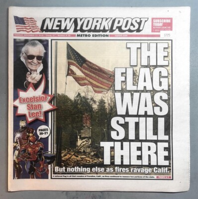 THE NEW YORK POST - MARVEL COMICS STAN LEE DEATH (11-13-2018) NM ...