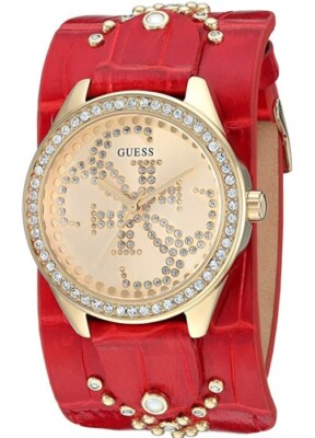 Guess women's Watch Red Studded Leather Cuff Strap Heartbreaker U1140L2 ...