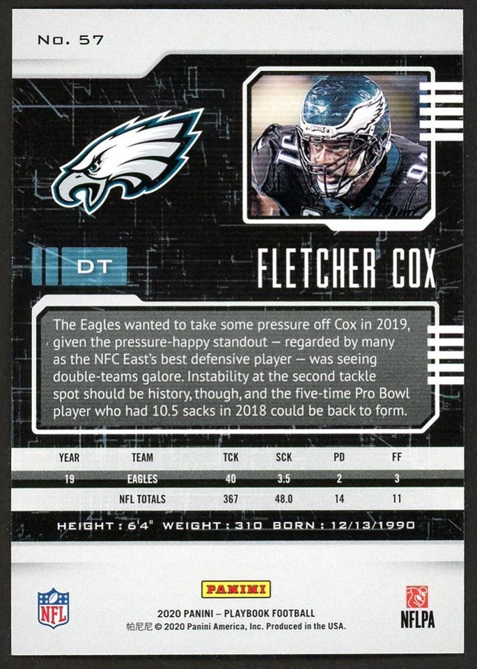 2020 Panini Playbook Purple Fletcher Cox Philadelphia Eagles #57 ...