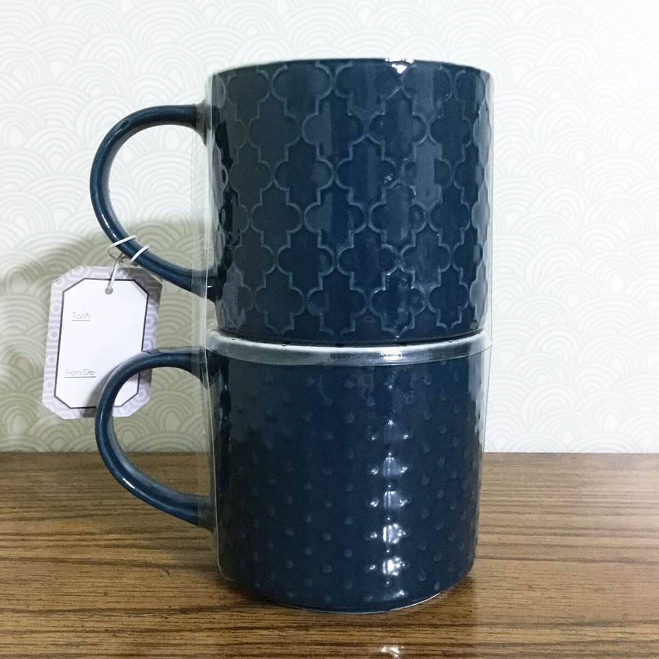 Embossed Coffee Mug Set 2 Stackable Stoneware 14 oz Geometric Classic ...