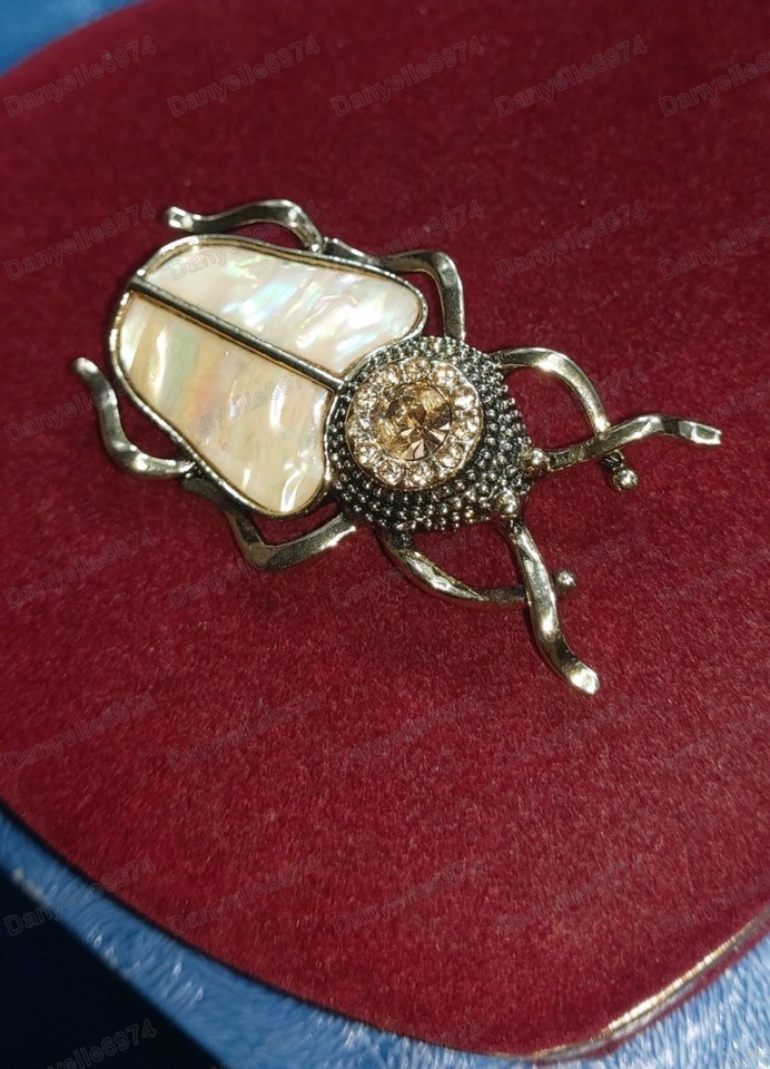 INSECT antique gold SCARAB BEETLE PIN crystal MOP SHELL vintage style ...