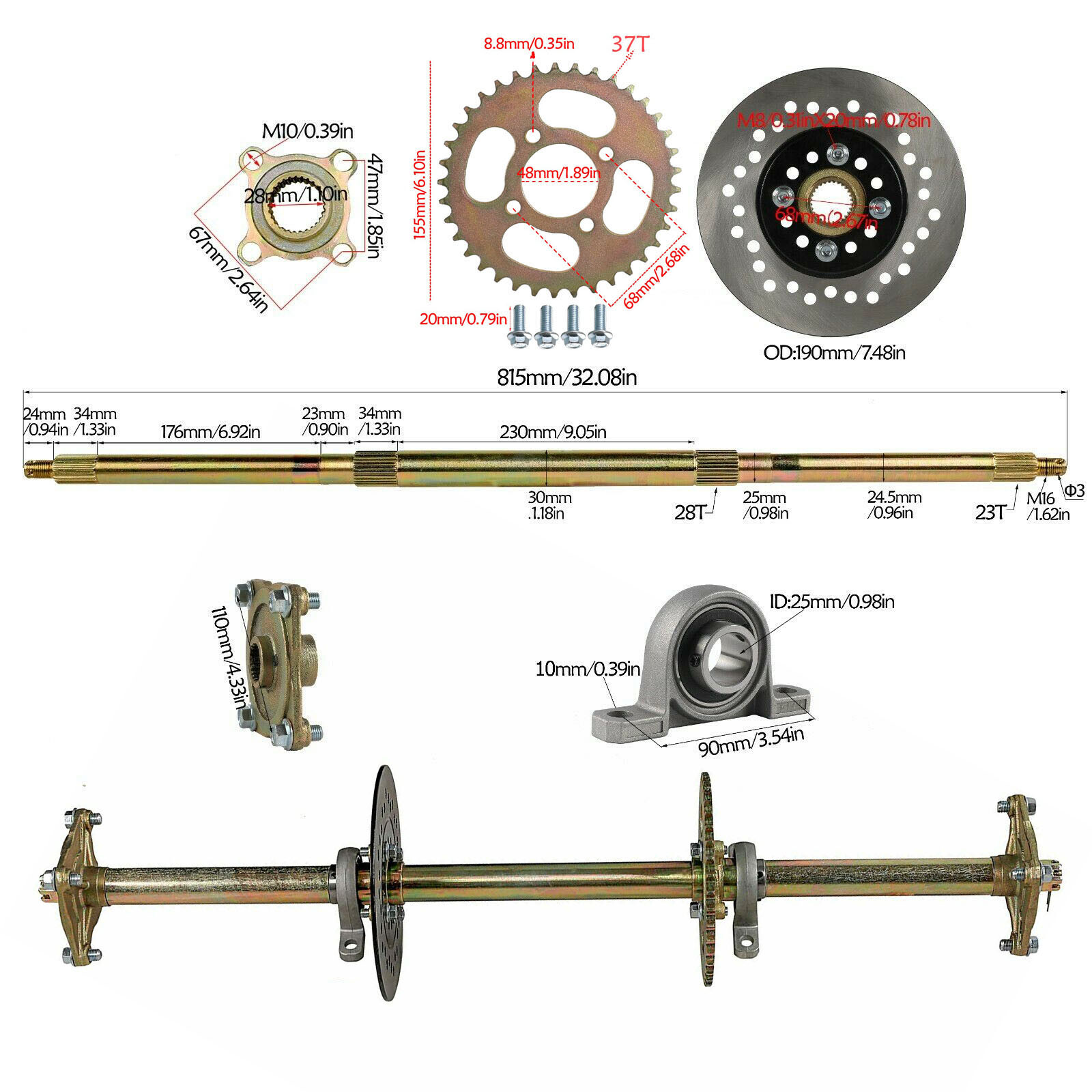 32'' Go Kart Rear Axle Kit + 210cc 168F/170F Gas Engine Motor Mower ...