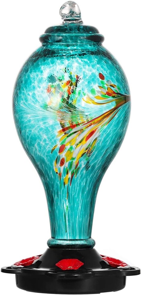 Exquisite Hand Blown Glass Hummingbird Feeder with Ant Moat – 36 oz ...