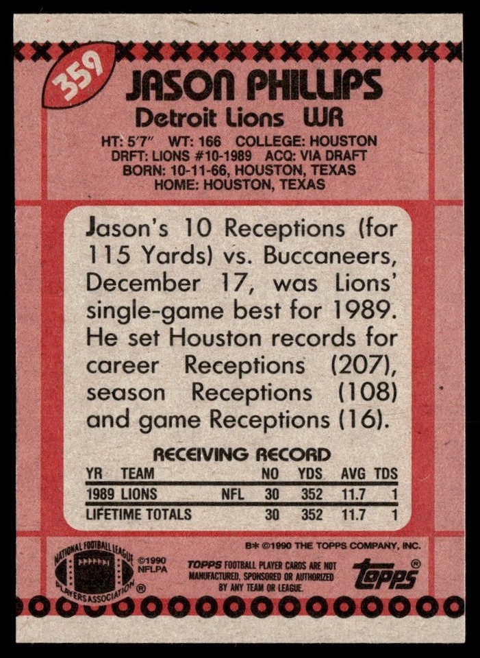 1990 Topps Jason Phillips Detroit Lions #359 | eBay