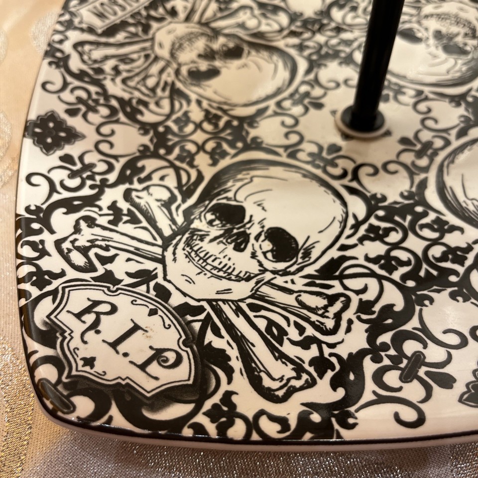 HALLOWEEN SKULL 2 Tier Tidbit Tray Ceramic 222 Fifth Goth Poison ...