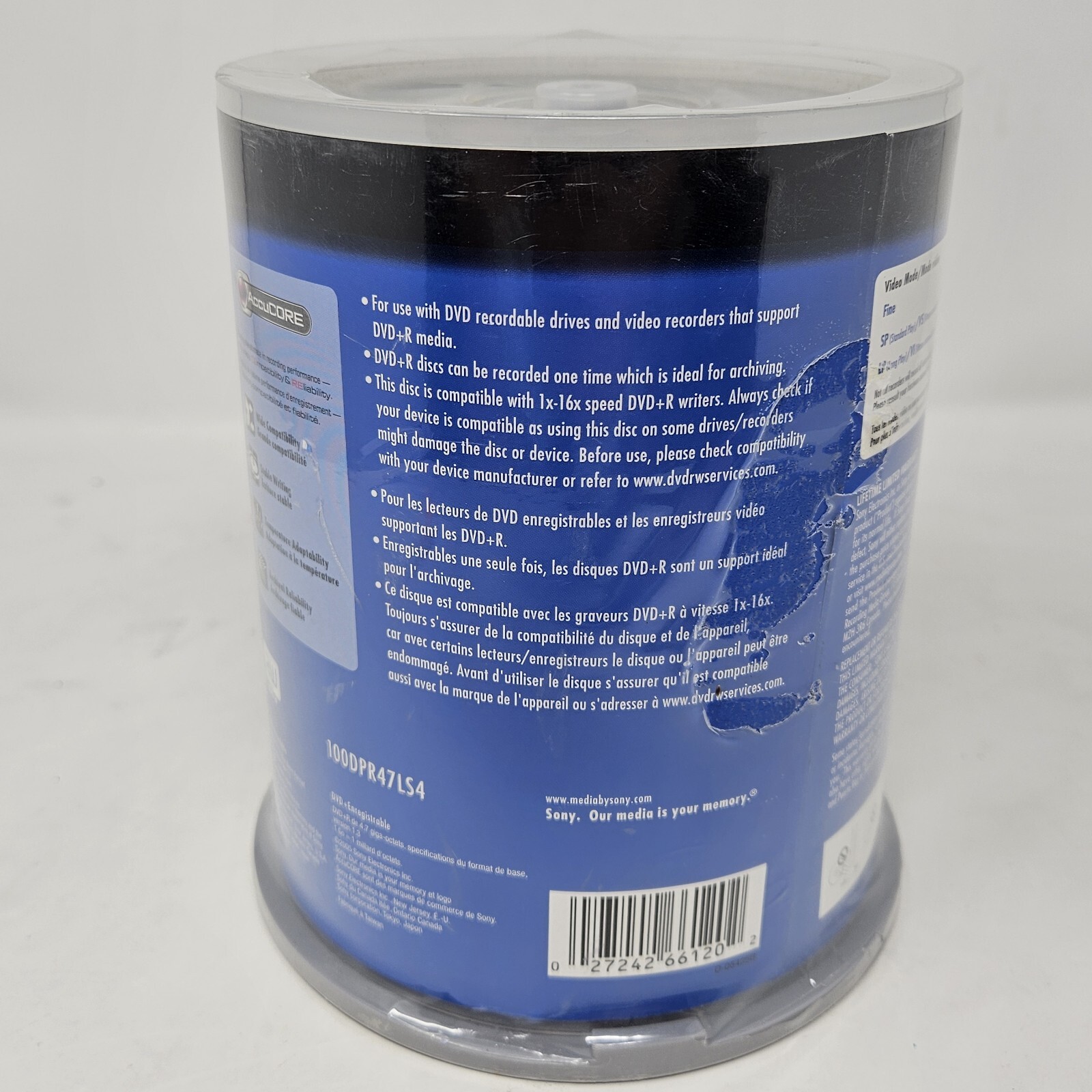 Sony DVD+R 4.7GB 120min 1-16X Recordable Blank Video Discs 100 Pack ...