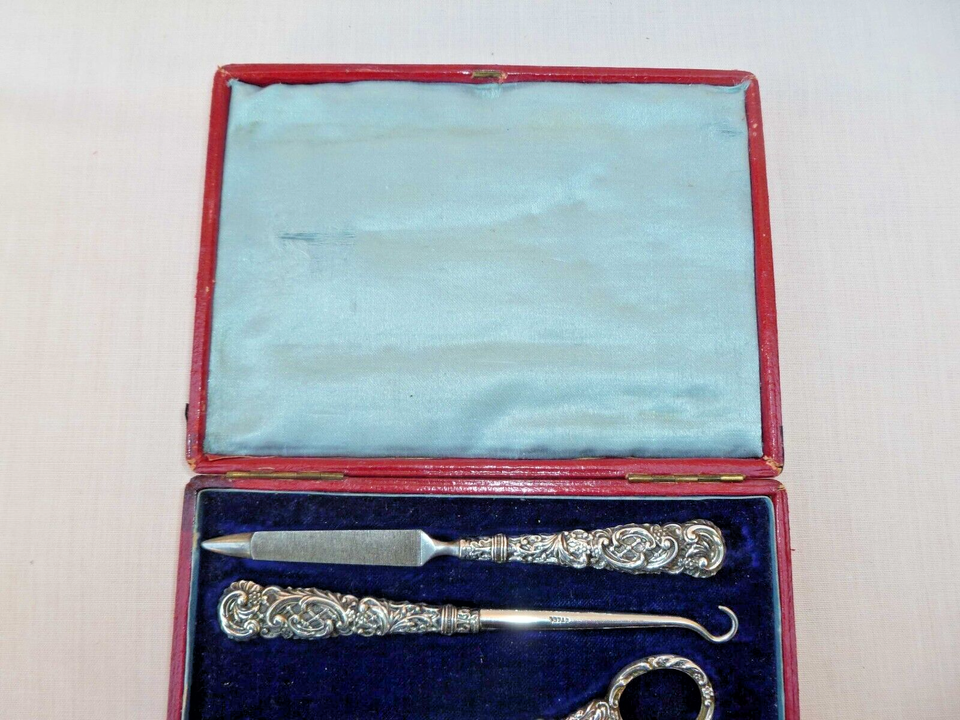 ANTIQUE BOXED REPOUSSE SILVER MANICURE SET TOOLS – BUTTON HOOK ...