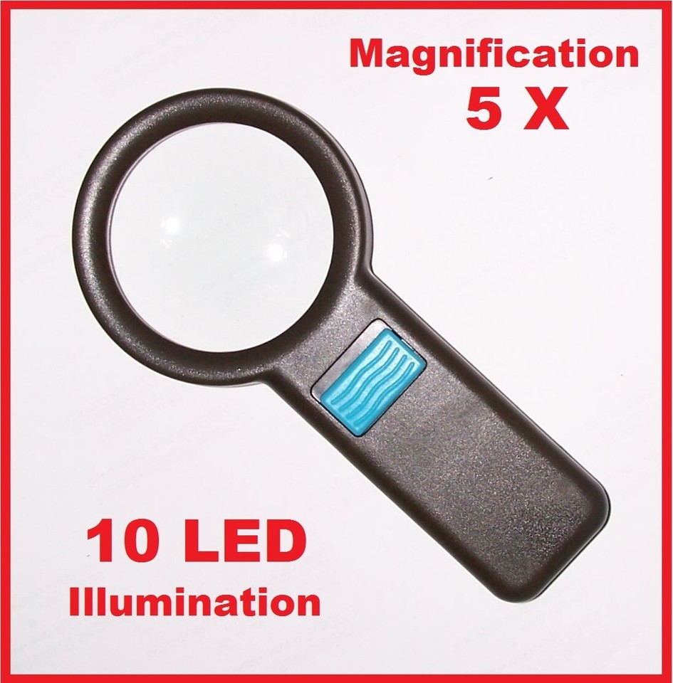 5X Magnification 10 LED Illuminated Hand Held Magnifier with 2-3/4 ...