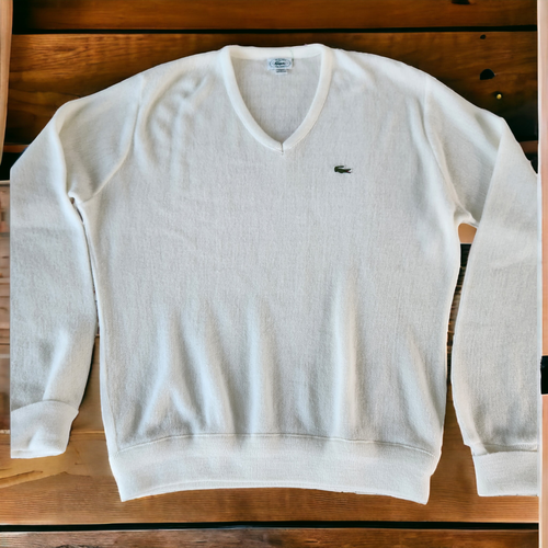 Lacoste Izod Sweater Gator Patch Ivory V Neck Vintage 90s Tennis Preppy ...