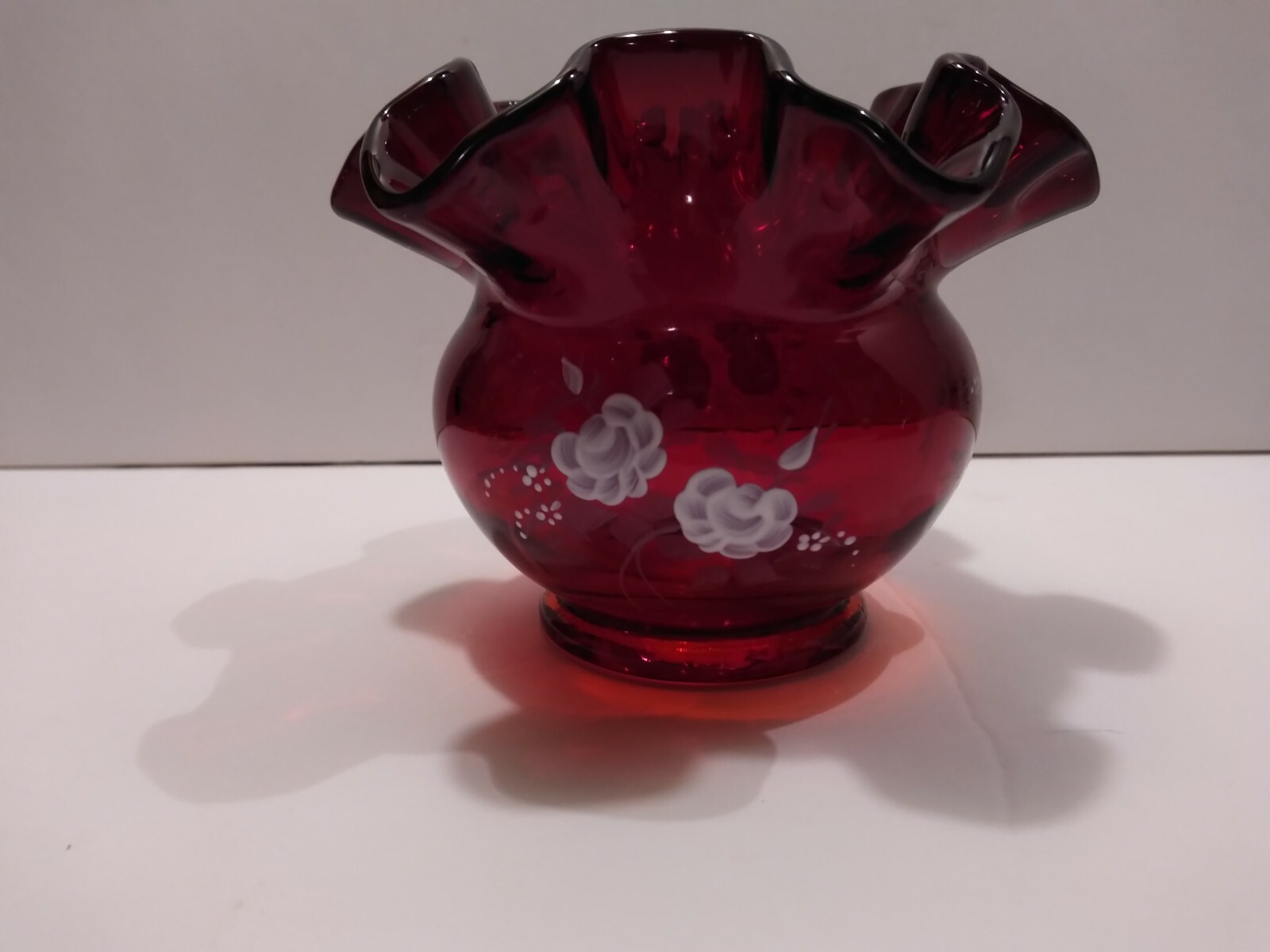 Fenton Ruby Red Glass Vase Wild Flowers Ruffled Edge Hand Painted ...