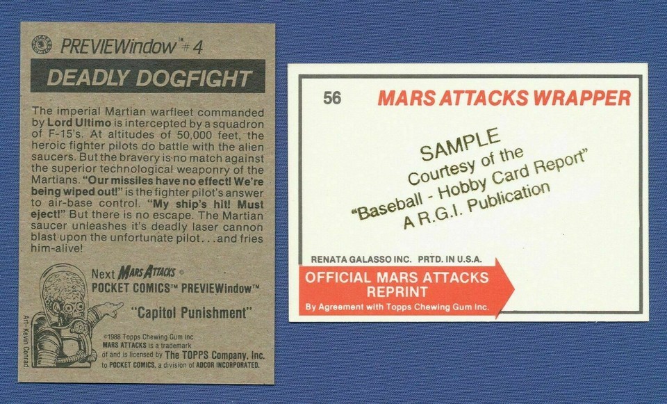 2 MARS ATTACKS PROMOS 1962 TOPPS WRAPPER 1984 GALASSO REPRINT & 1988 ...