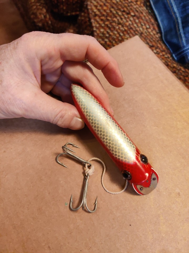 Vintage Heddon King Basser Fishing Lure Metal Jaw Glass Eye Red/ Silver ...